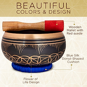 Meditative 6 inch Flower of Life Design Singing Bowl with Mallet and Cushion. Tibetan Sound Bowls for Energy Healing, Mindfulness, Grounding, Zen, Meditation, Feng Shui Meditation Bowl