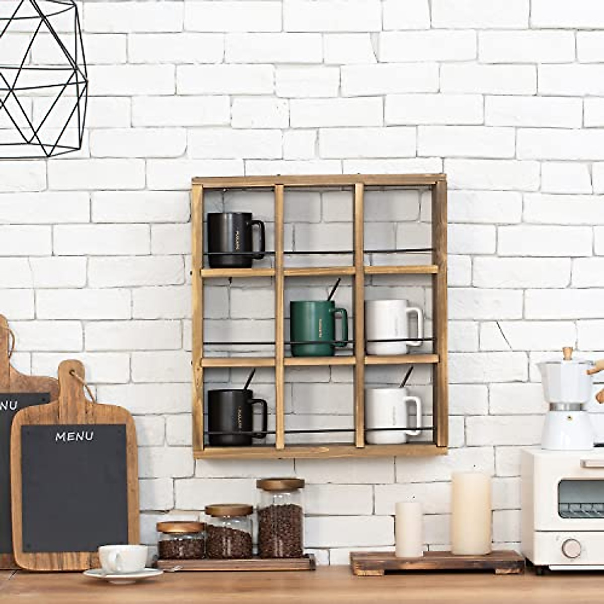 MyGift Wall Mounted Coffee Mug Display Rack, Rustic Burnt Wood Collectible Travel Mug Cup Holder Shadow Box Shelf