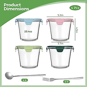 4 Pack Round Glass Meal Prep Containers with Airtight Lids, Leak-proof Storage Containers Set, Reusable Glass Soup Containers Overnight Oats Containers for Leftover, Fruit, Microwave & Freezer Safe
