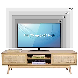 EOYUTLLY Farmhouse Rattan TV Stand 59" Boho tv Stand Muebles para TV with 2 Doors and 2 Open Shelves Mid Century Modern TV Stand for Living Room Bedroom Furniture