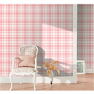 GLOW4U Plaid Pattern Vinyl Contact Paper Self Adhesive Shelf Drawer Liner for Kitchen Cabinets Backsplash Countetop (Pink, 24" Wx117 L)