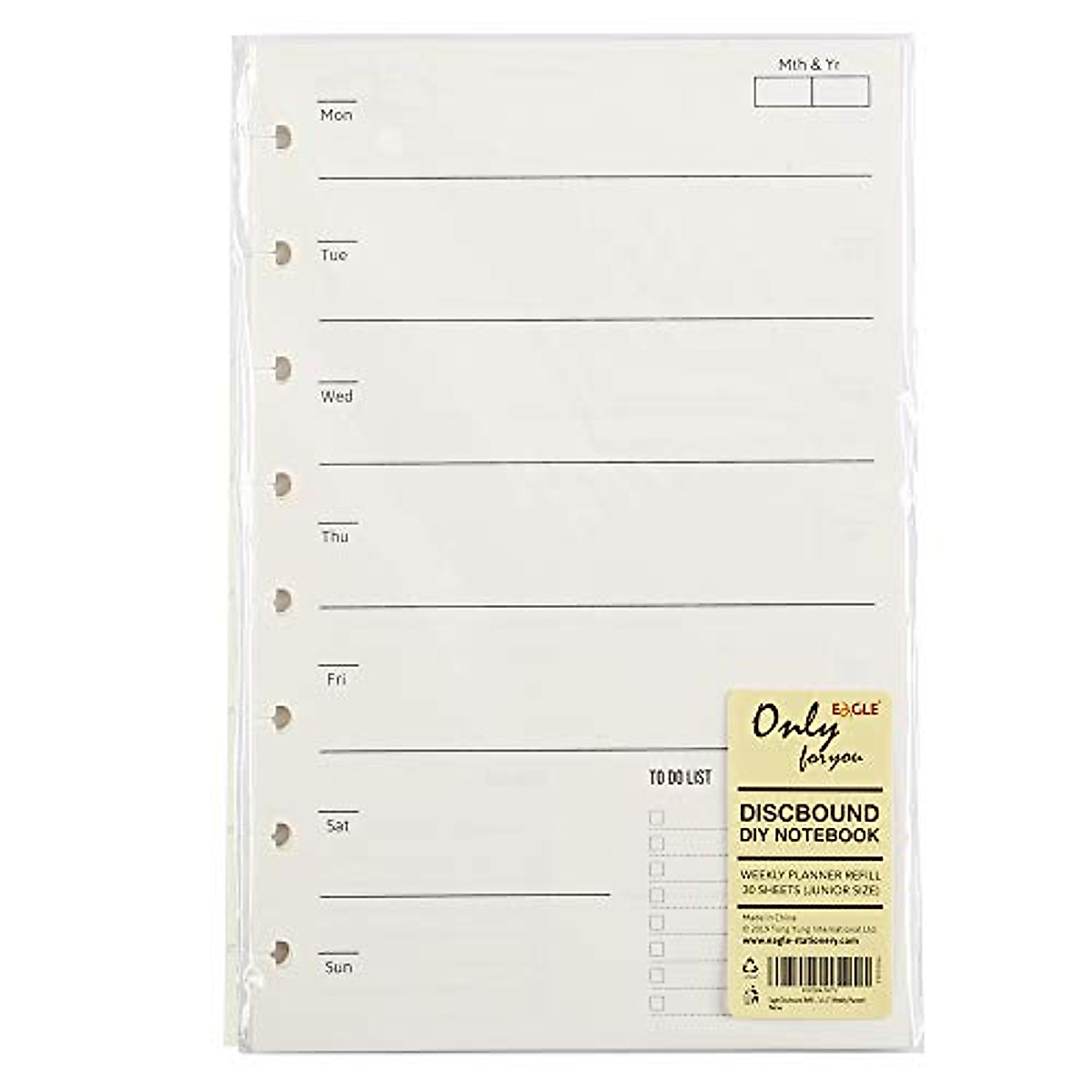 Eagle Discbound Refill Paper, Inner Core, Planner Refills, Paper for Junior Size Discbound Notebooks, Arc Notebooks, 8-Hole Punched, 30 Sheets, 8.5"x5.5" (Weekly Planner)