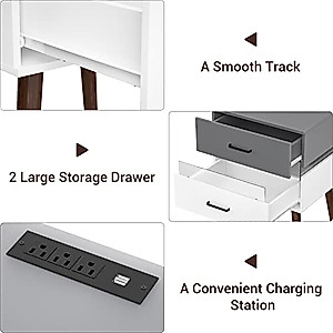 armocity Nightstands with Charging Station and LED Light, Bedside Table with 2 Drawer, Modern Night Stand with Charging Port, Sturdy NightStand with Light for Bedrooms, Guest Room, Gray and White