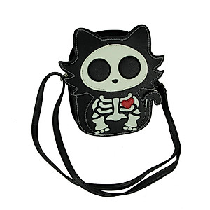 Black Glow in the Dark Skeleton Cat Crossbody Purse Small