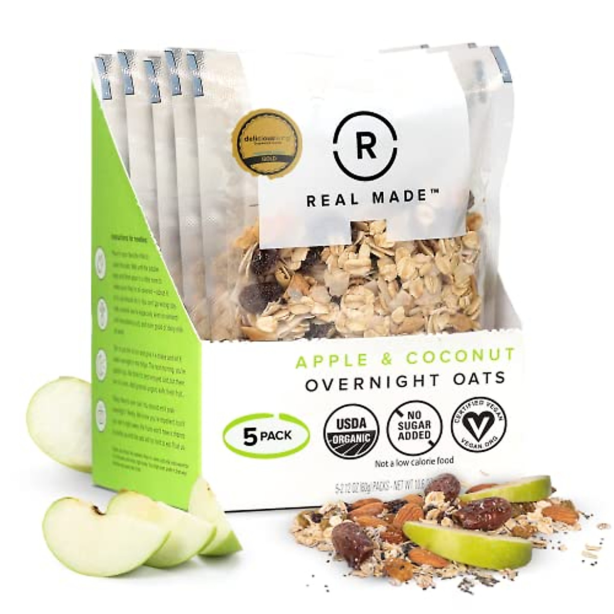 Real Made Organic Overnight Oats Apple Coconut, 5 Meals 2.12oz Packets, No Sugar Added, Certified Organic Non - GMO, Vegan, Gluten Free Ingredients, Great Source of Protein and Fiber