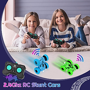 RC Stunt Cars RC Cars with Lights UP 4WD 2.4Ghz Double Sided 360° Rotating RC Truck Cool Surprise for 6 Year Old Boy Gifts Kids Xmas Toy Cars for Boys Girls(Blue)