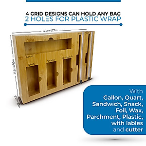 TWG Bamboo Ziplock Bag Organizer for Drawer, 6 in 1 Foil and Plastic Wrap Dispenser with Cutter, Compatible with Gallon, Quart, Sandwich and Snack Variety Size Bag