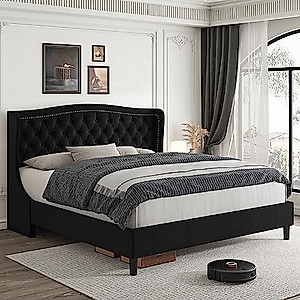 HOSTACK Modern Upholstered Platform King Bed Frame, Black, Velvet Fabric