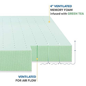 Best Price Mattress 4 Inch Ventilated Memory Foam Mattress Topper with Calming Green Tea Infusion, CertiPUR-US Certified, Twin, 4" Green Tea