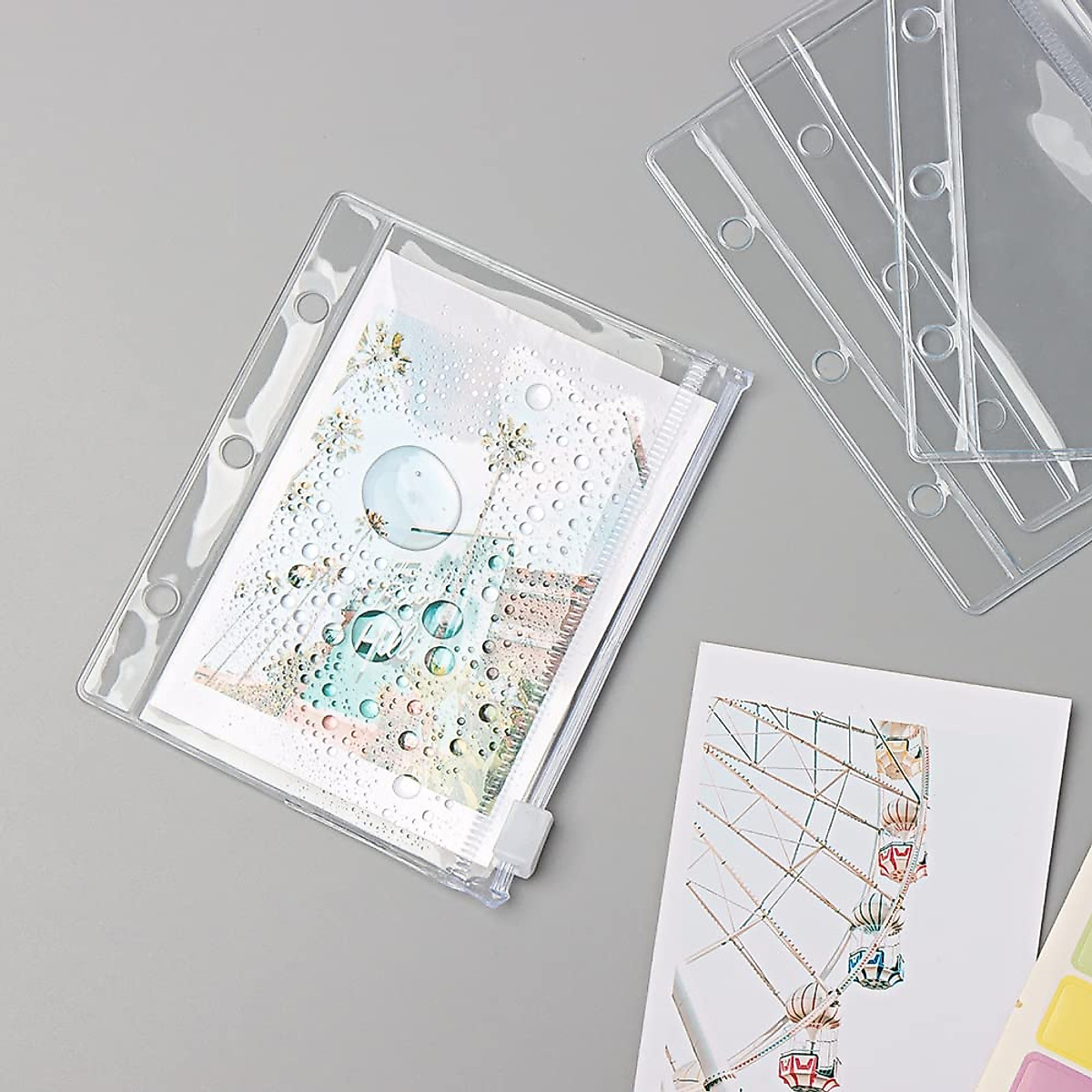 12Pack Binder Pockets Clear Mini Size Zipper Binder Pouches Bag Waterproof Loose Leaf 3 Holes Zipper Binder Pockets for Journal Budget Filing Pockets Bags