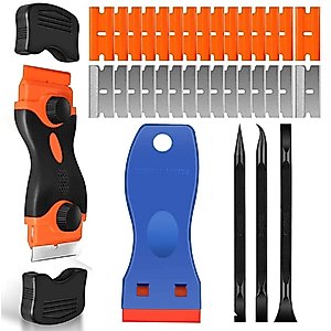 Razor Blade Scraper, 5 Pack Razor Scraper Tool with 20 Plastic and 20 Metal Razor Blades, Cleaning Scraper, for Removing Label, Registration Sticker, Tint, Grease from Windshield, Appliance, Glass