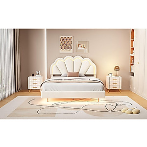 Harper & Bright Designs Floating Upholstered Full Platform Bed with LED Lights and Flowers Headboard. Velvet Full Size Bed Frame with Wooden Slats Support, No Box Spring Needed (Full, Beige)