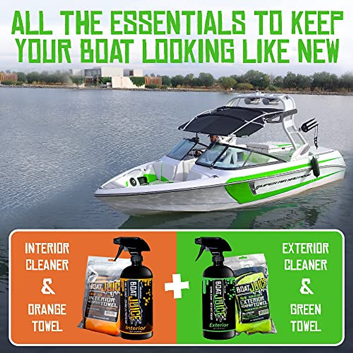 Boat Juice Boat Cleaner Kit - Exterior Boat Cleaner Water Spot Remover, Interior Boat Cleaner for Seats and Vinyl, 2 Microfiber Towels - Boat Cleaning Kit, Boat Detailing Kit, Boat Accessories (Kit)