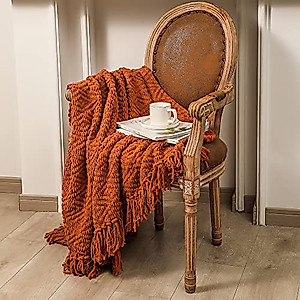 JOOJA Throw Blanket for Couch Knit Blanket Textured Chenille Blanket for Bed Super Soft Cozy Warm Blanket with Tassels for Chair Sofa Living Room, 60x80 Inches Burnt Orange