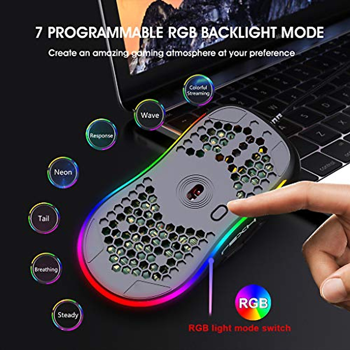uvvy Cursor with Cable, 6 Gear DPI Mouse with Programmable Hole with Adjustable Cable RGB Mouse with Breathing Light