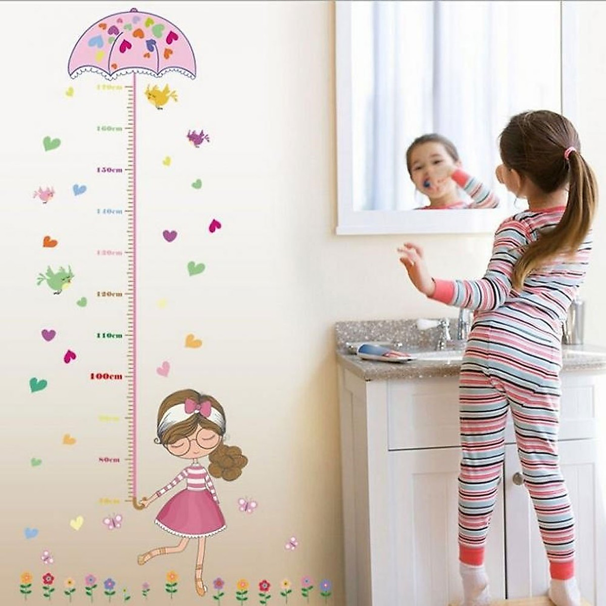 Braceus Kids Height Growth Chart Wall Art Cartoon Girl Bird Flower Sticker Decal
