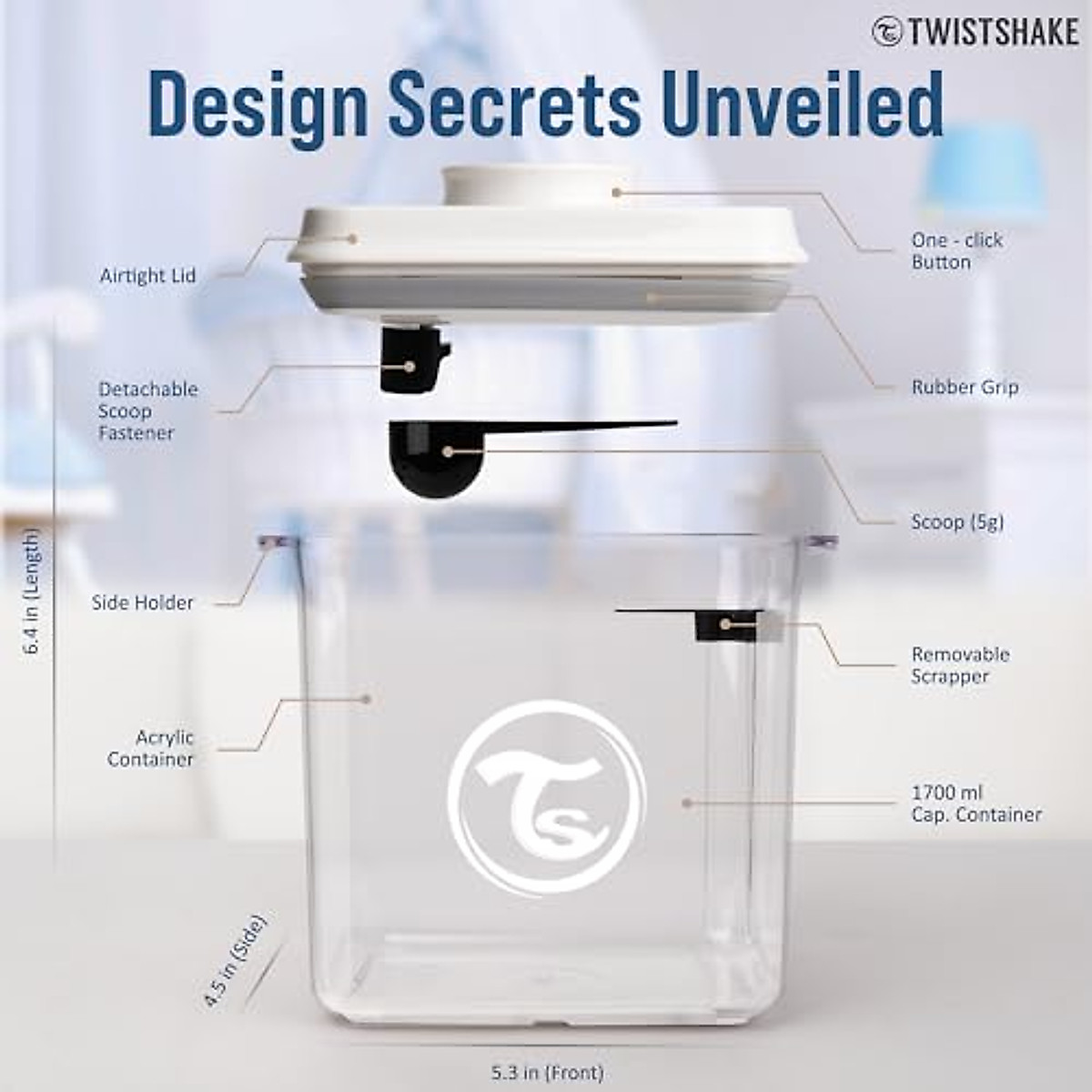 TWISTSHAKE Milk Powder Storage Container with Spoon 1700 ml - Sealed Milk Powder Dispenser with Airtight Lid - One-Handed Operation - BPA Free - White