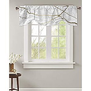 Tie Up Valance for Kitchen Windows,White Marble Gold Line Adjustable Valances Rod Pocket Short Curtain,Modern Abstract Pattern Art Tie Up Curtains Valance for Bedroom Living Room Bathroom 42x12in