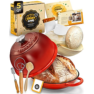 CRUSTLOVE Dutch Oven Bread Baking - 5QT Enamel Bread Dome - incl Sourdough Bread Baking Suppliers like Dough Whisk Scoring Lame etc. Dutch Oven for Sourdough Bread Baking Cast Iron Bread Pan with Lid