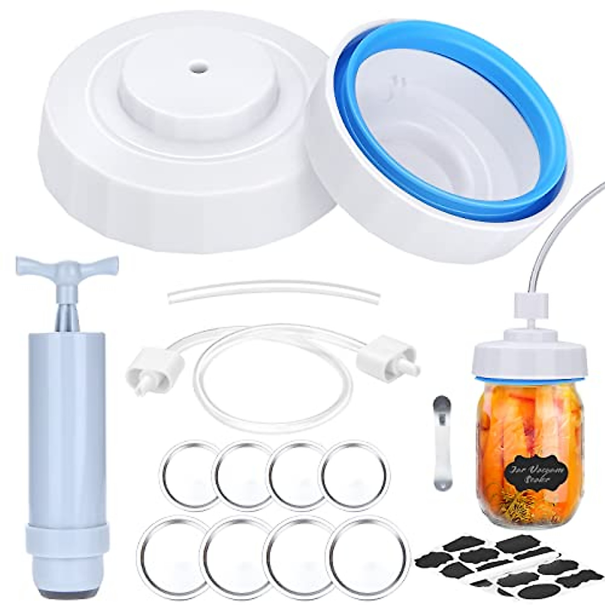 Jar Sealer Vacuum Sealer, 19 PCs Jar Sealer Kit for Food Saver with Accessory Hose for Wide and Regular Mouth Mason Jars, Canning Sealer with Jar Attachment 2 Hose Manual Vacuum Pump, Lables & Marker