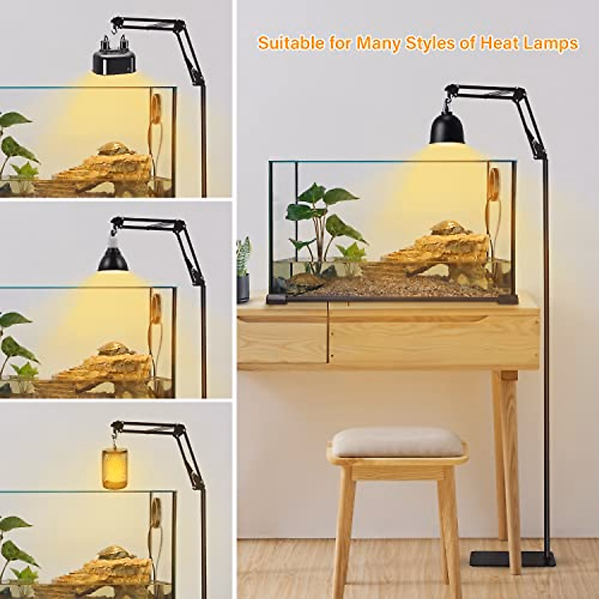 Reptile Lamp Stand with Base Extra Tall Adjustable Height and Width 360° Rotation Floor Reptile Light Holder Stand Bracket Metal Lamp Support for Reptile Glass Tank Terrarium Heating Light (72 inch)