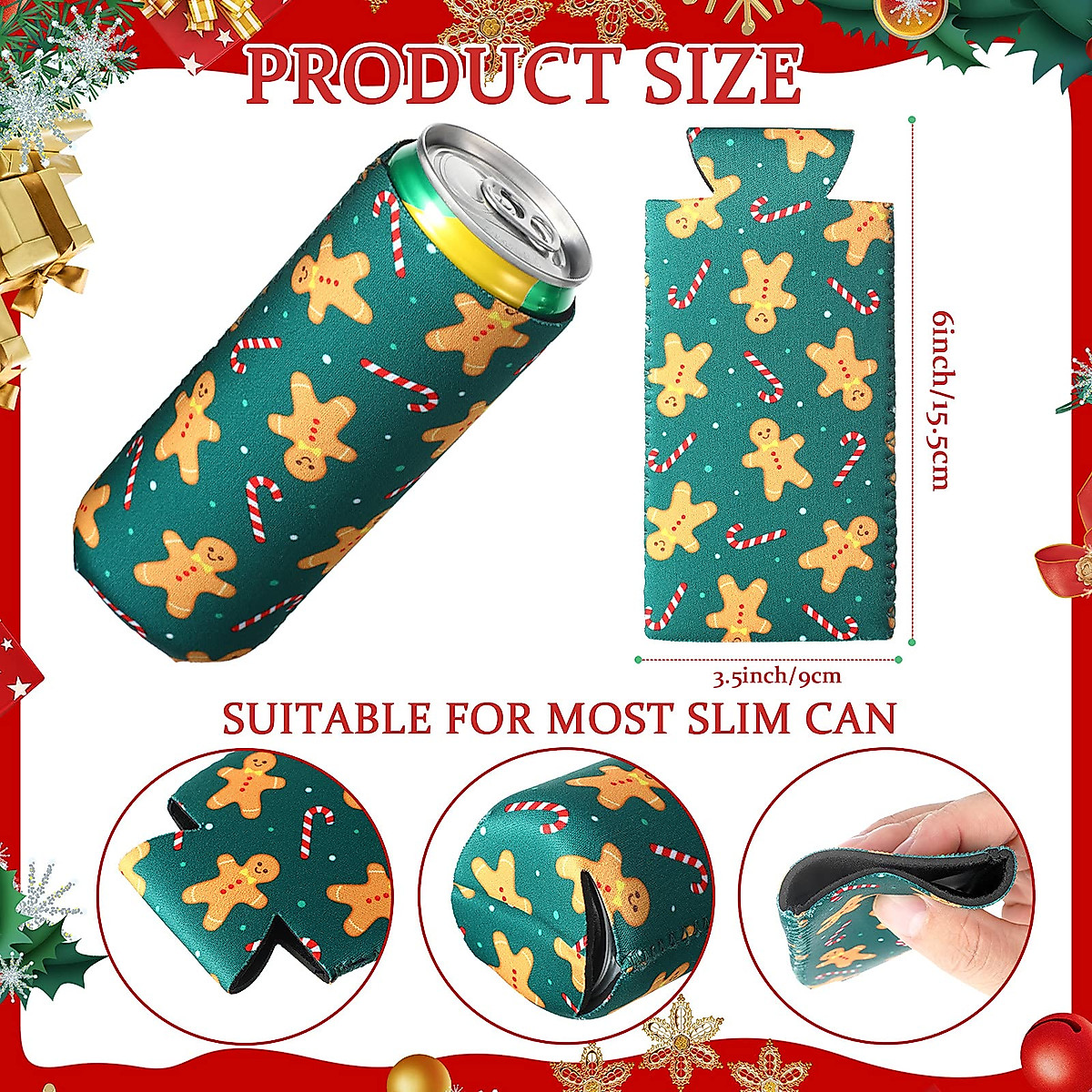 16 Pieces Christmas Beer Can Sleeves Cooling Insulated Beer Cup Sleeves Santa Claus Elk Snowman Stocking Can Cooler Sleeves Reusable Drink Sleeves Christmas Slim Can Cover for Christmas Tools Supplies