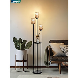 LEDIARY 65" Boho Floor Lamp for Living Room Rattan Floor Lamp with Shelves, 3 LED Bulbs Included Standing Lamp, Floor Lamp for Living Room, Bedroom, Office