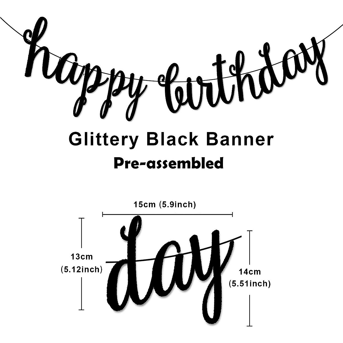 Black Happy Birthday Banner Decoration Kit, Black Glittery Birthday Banner Circle Dots Garland with Black Silver Hanging Swirls for Birthday Baby Shower Party Decorations Supplies, Pre-Strung