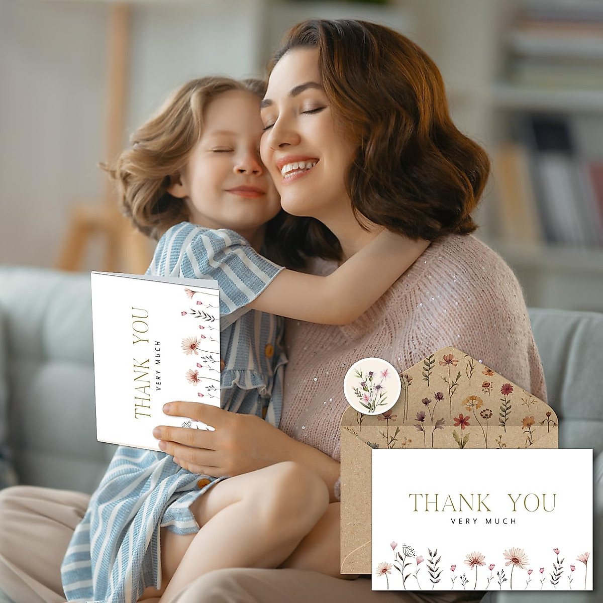 Minzerus Floral Thank You Cards With Envelopes - Bulk 24 Pack Flower Greeting Cards with Kraft Envelopes and Floral Stickers - for Birthday Wedding Baby Shower Bridal Shower, 4 x 6 Inch
