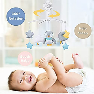 Baby Musical Mobile with Lullabies Music Box, Rotating Penguin Mobile Soother Crib Toy, Gift for Baby Nursery Bed Decoration for Newborn Boys and Girls