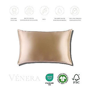 VÉNERA Silk Pillowcase - 22 Momme 100% Pure Mulberry Silk for Hair and Skin, Envelope Closure, Both Sided 22 Momme Grade 6A Silk, Soft&Hypoallergenic (Standard 20''x26'', Caramel)