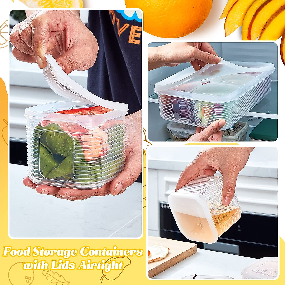 Rtteri 2 Sets Salad Bar Containers for Fridge Food Storage Containers with Airtight Lids Divided Pizza Salad Storage Include 6 Pcs Removable Reusable Box No BPA