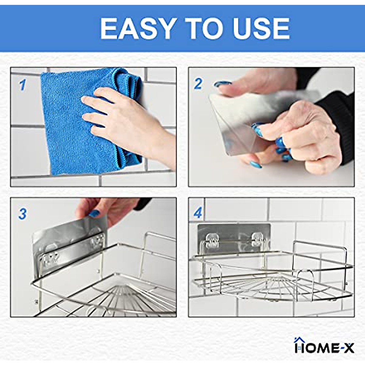 Home-X Stainless-Steel Corner Shelves for Shower Wall, in-Shower Organizer, Adhesive Shower Corner Shelves, Set of 2, 8 ¾” L x 8 ¾” W x 3 ¼” H, Stainless Steel