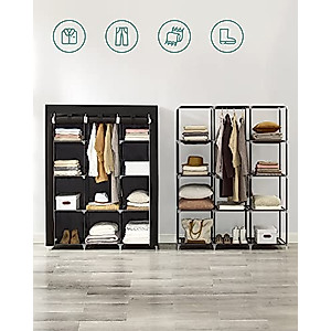 SONGMICS 51-Inch Portable Closet, Wardrobe Storage Organizer with 10 Shelves, Closet System with Hanging Rods and Cover, for Hanging Clothes, Quick and Easy Assembly, Black URYG93BK
