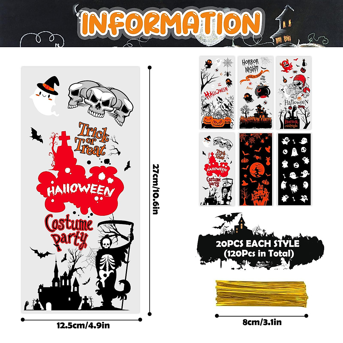 JMANNI Halloween Cellophane Treat Bags, 120pcs Halloween Plastic Clear Candy Bags, Candy Bags Bats Pumpkin and Spider Halloween Goody Bags with Twist Ties for Kids Trick or Treat, Halloween Party