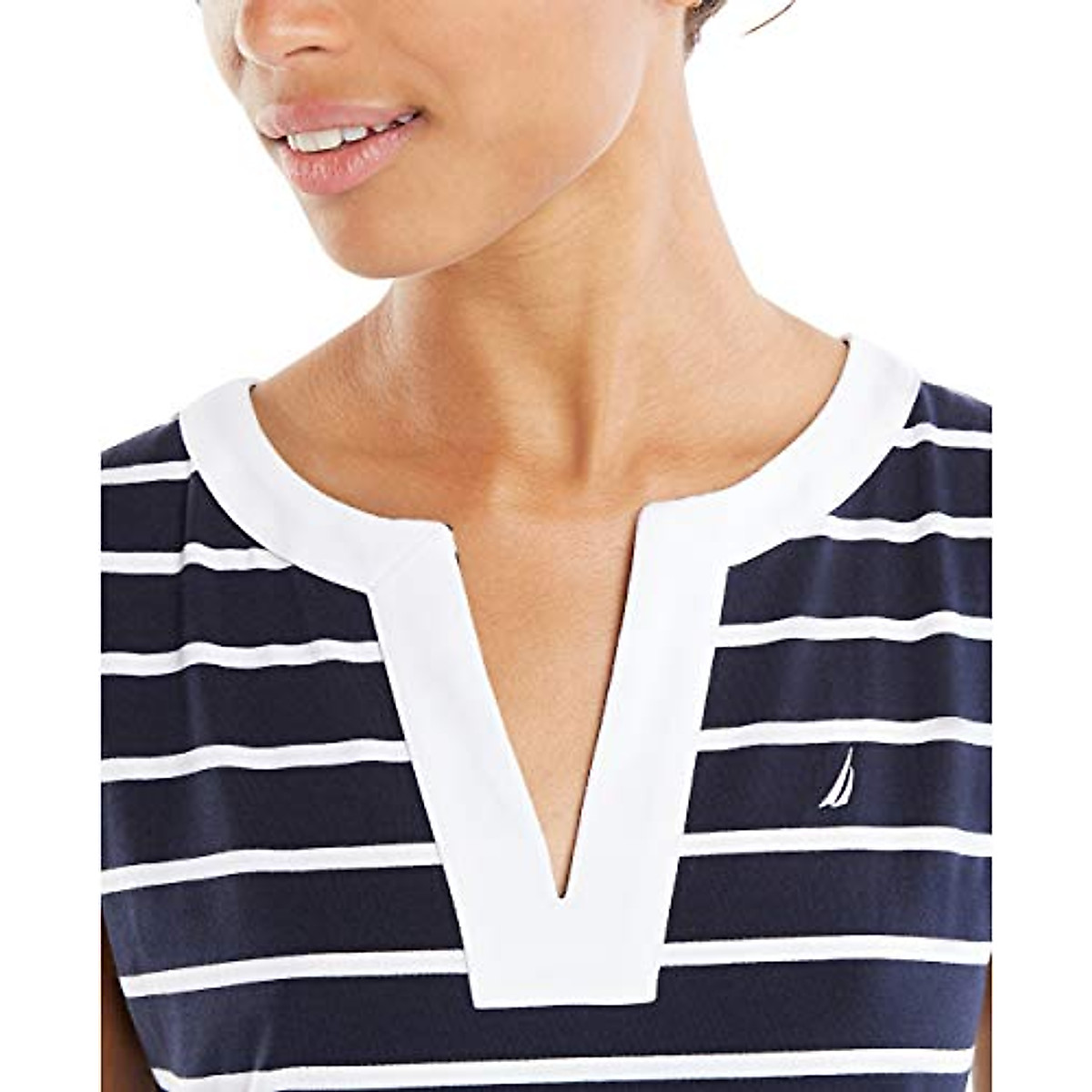 Nautica womens Breton Stripes Sleeveless V-neck Stretch Cotton Polo Casual Dress, Navy, Medium US
