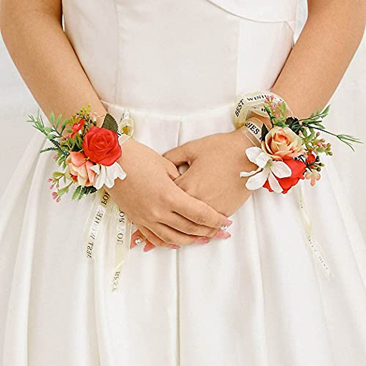 Campsis Wedding Bridal Handmade Wrist Flower Corsage Red Leave Ribbon Hand Flower Bride Bridesmaid Wristlet for Prom Party Beach Photography 2PCS