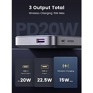 UGREEN 10,000mAh Magnetic Power Bank Battery Pack 3 Ports Foldable Wireless Portable Charger PD 20W Fast Charging Compatible with Magsafe iPhone 15/15 Plus/15 Pro/15 Pro Max/14/13/12 Series