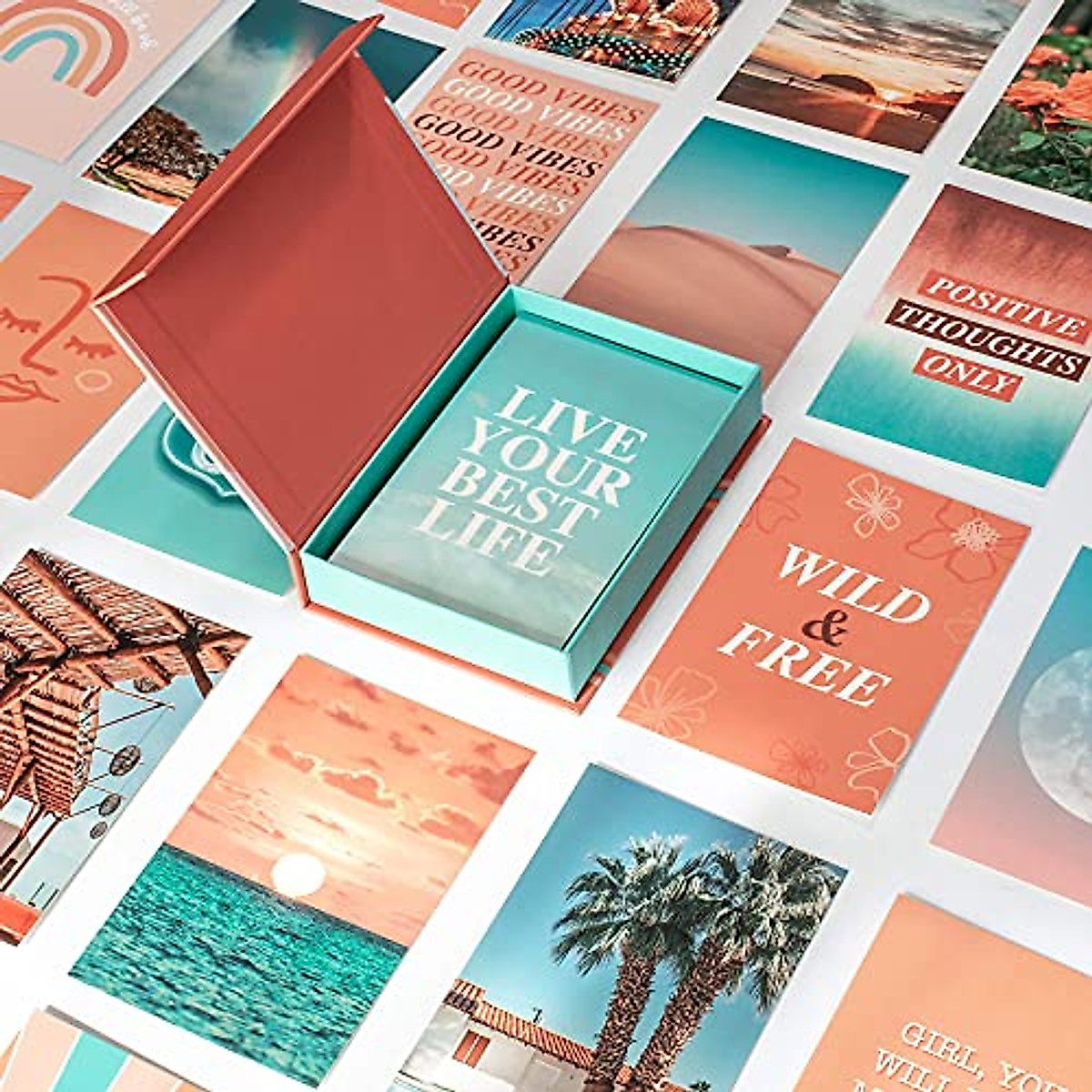 Artivo Peach Teal Wall Collage Kit for Aesthetic Pictures, 50 Set 4x6 inch, VSCO Girls Bedroom Decor, Cute Boho Wall Decor, Dorm Photo Collection