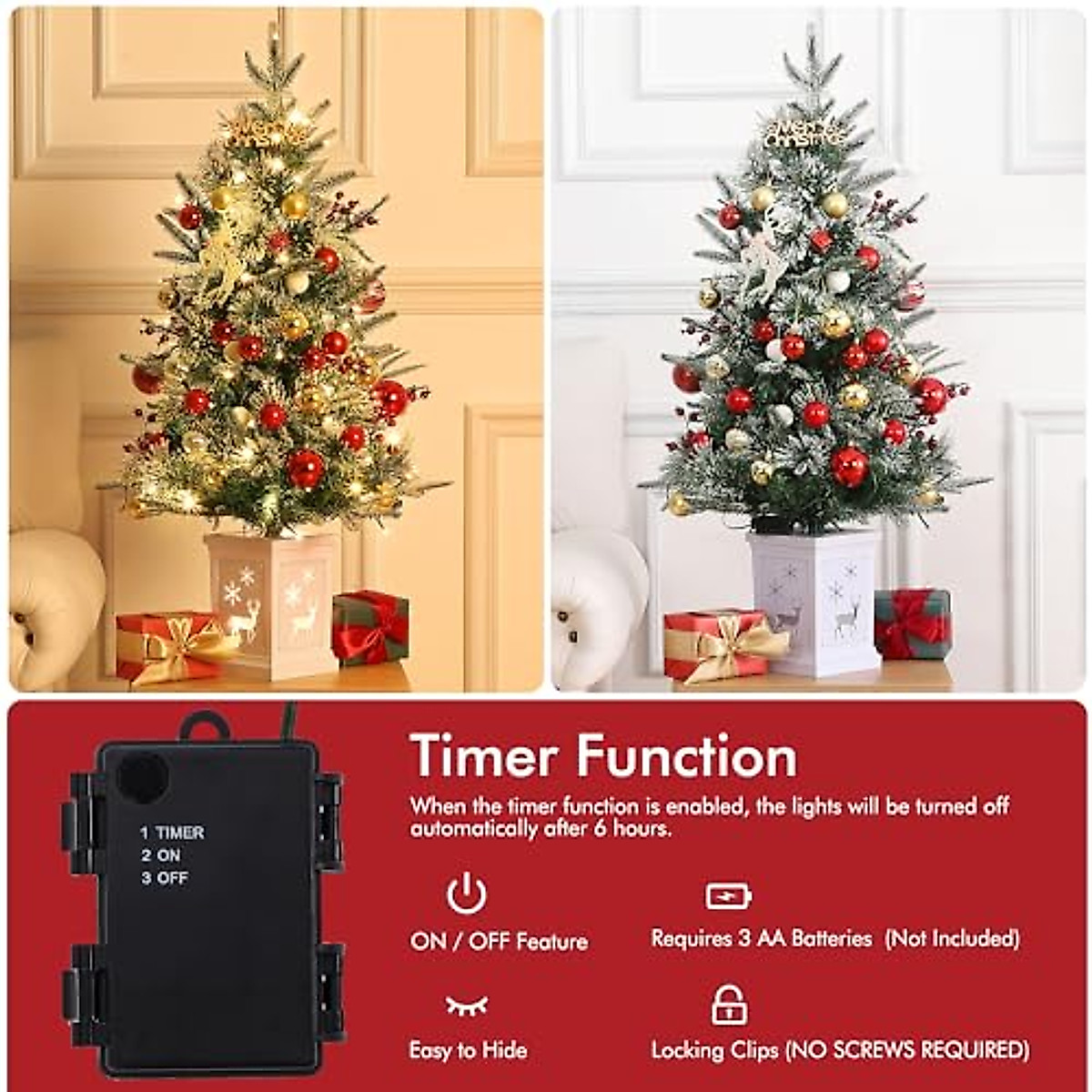 3ft Mini Prelit Premium Snow Flocked Artificial Christmas Tree, Pre-lit Xmas Pine Tree for Christmas Decoration, Party Decoration, Home, Office, White Base (White Base-elk, 3FT)