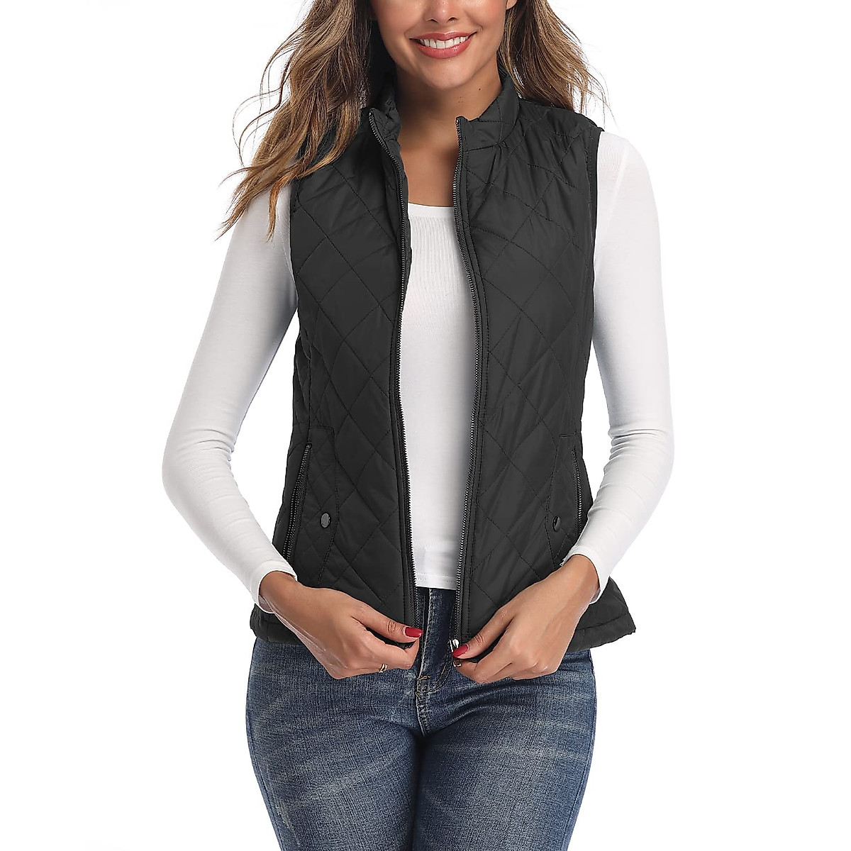 LONGKING Black Women's Vest, Stand Collar Lightweight Zip Quilted Vest for Women L