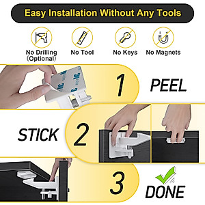 Child Proof Cabinet Locks,Upgraded Child Safety Cabinet Latches Invisible with Deactivated Mode, Enlarged 3M Tape, Extra Long Baby Safety Drawer latches, Universal Fit and No Drilling (10 Pack)