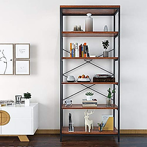 Kemanner 5-Tier Industrial Style Bookcase, Vintage Free Standing Bookshelf, Rustic Wood Bookcases Furniture (Brown.)
