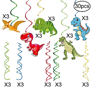 UOMNICUE Dinosaur Hanging Swirl Decorations,30 PCS Jurassic Dinosaur Foil Swirls Ceiling Spiral Streamers for Kids Boys Girls Birthday Baby Shower Dino Party Supplies Favors Home Classroom Decoration