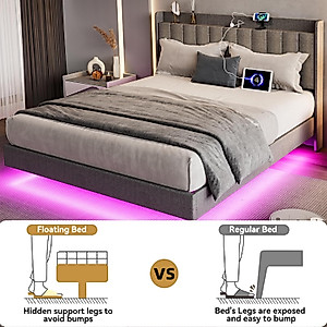 GarveeHome King Floating Bed Frame with Charging Station & Storage Headboard, Upholstered Platform King Size Bed Frame with LED Lights, Solid Wood Slats, Gray