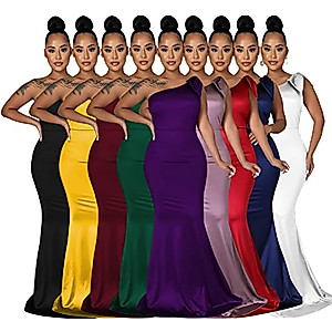 FairyLove Women's Fashion Ruched Bodycon Dress Sleeveless One Shoulder Wrap Satin Belted Cocktail Midi Dresses White