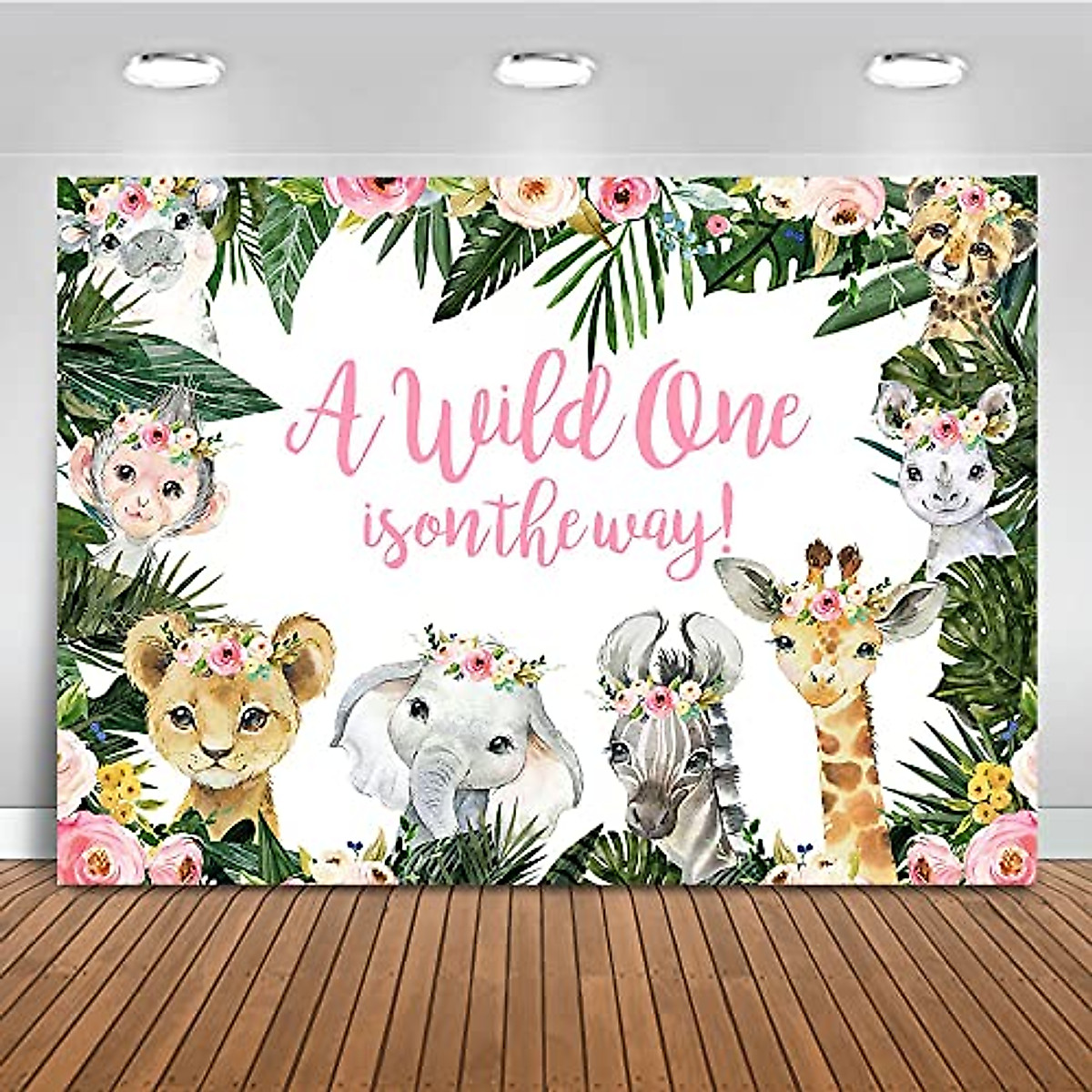 Mocsicka Safari Baby Shower Backdrop Jungle Background for Girl Tropical Zoo Animals Baby Shower Party Cake Table Decoration Photo Booth Props (7x5ft)