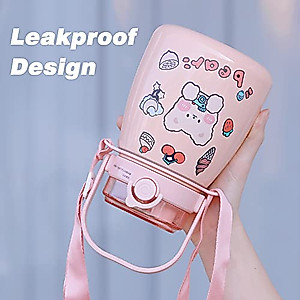 Stainless Steel Insulated Water Bottle,Big Belly Kawaii Leaf Proof 1000ml Cute Trave Cup with Straw,Shoulder Strap,Vacuum Thermos Jug with 2pcs Free Random Stickers for Kids,Adults Christmas Gifts.