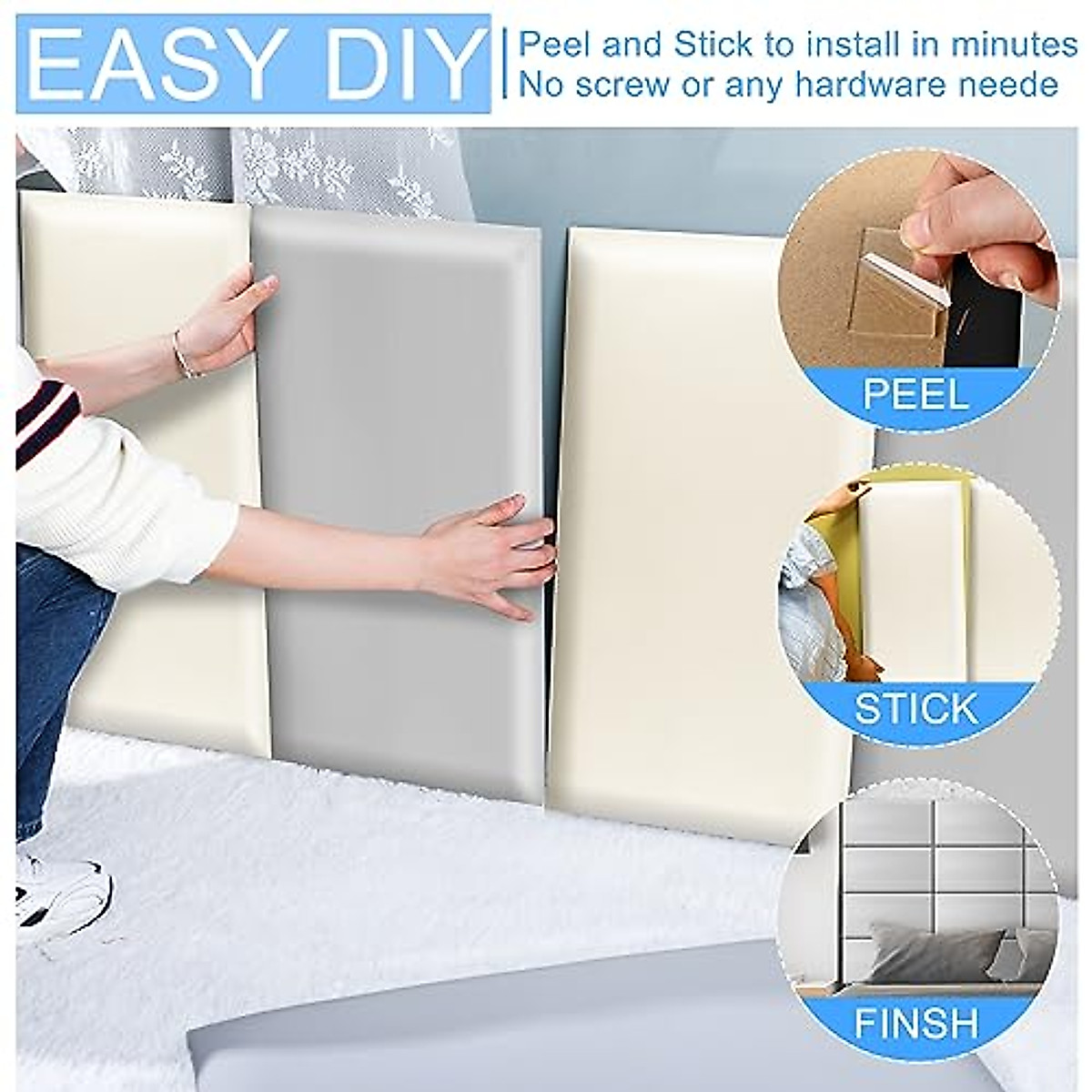 Hanaive Peel and Stick Headboard 23.6'' x 11.8'' Upholstered Wall Panels for Twin, Queen and King 3D Anti Collision Wall Panel Reusable and Removable Padded Wall Panel for Bedroom (Gray, White,6 Pcs)