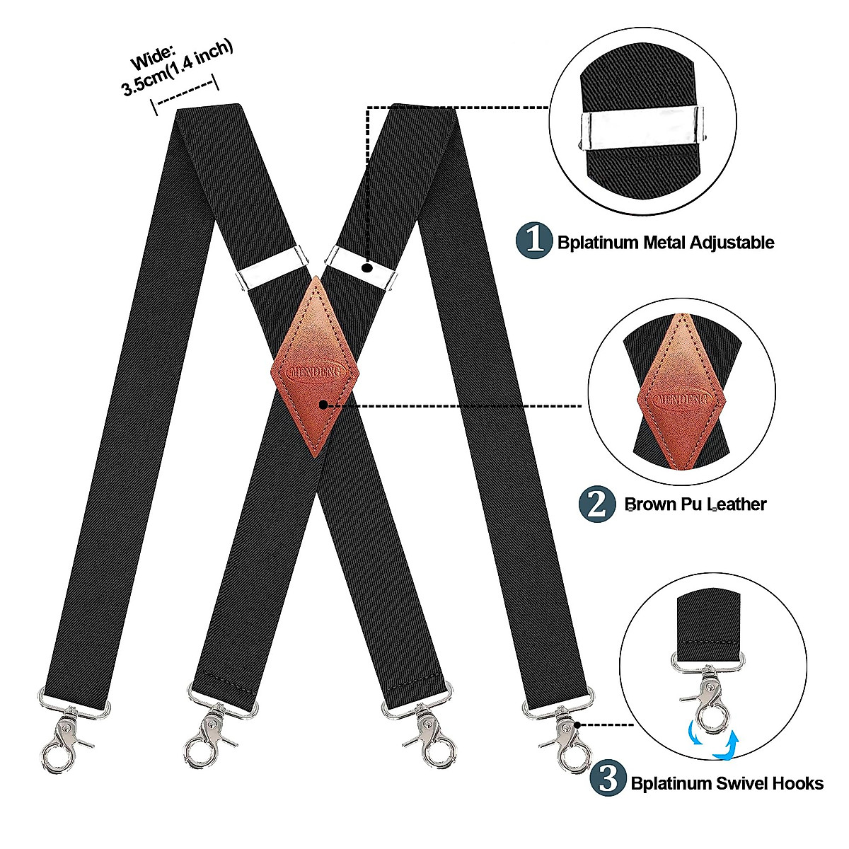 MENDENG Black Suspenders for Men with 4 Snap Hooks Adjustable Braces Groomsmen